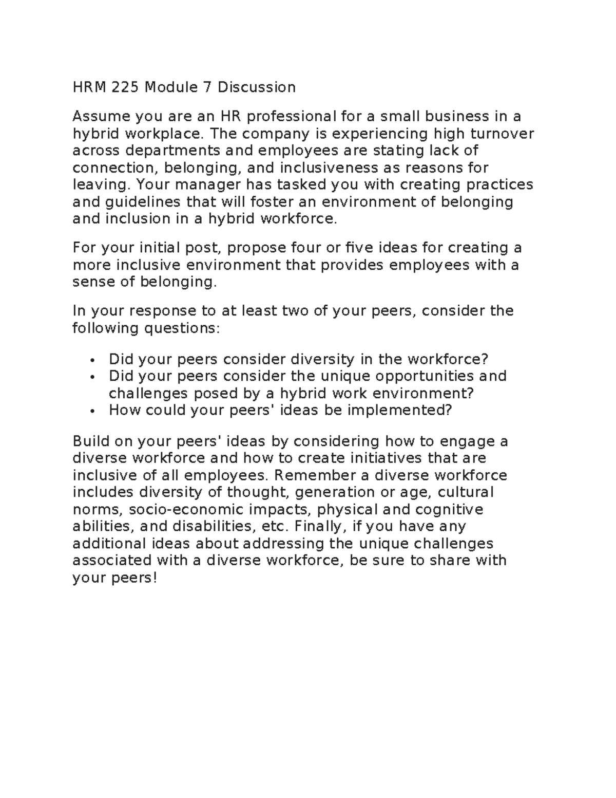 HRM 225 Module 7: Fostering Inclusiveness in Hybrid Workplaces - Studocu