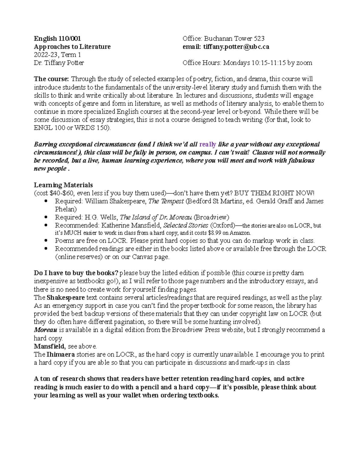 English 110 Final Syllabus: Approaches to Literature Overview - Studocu