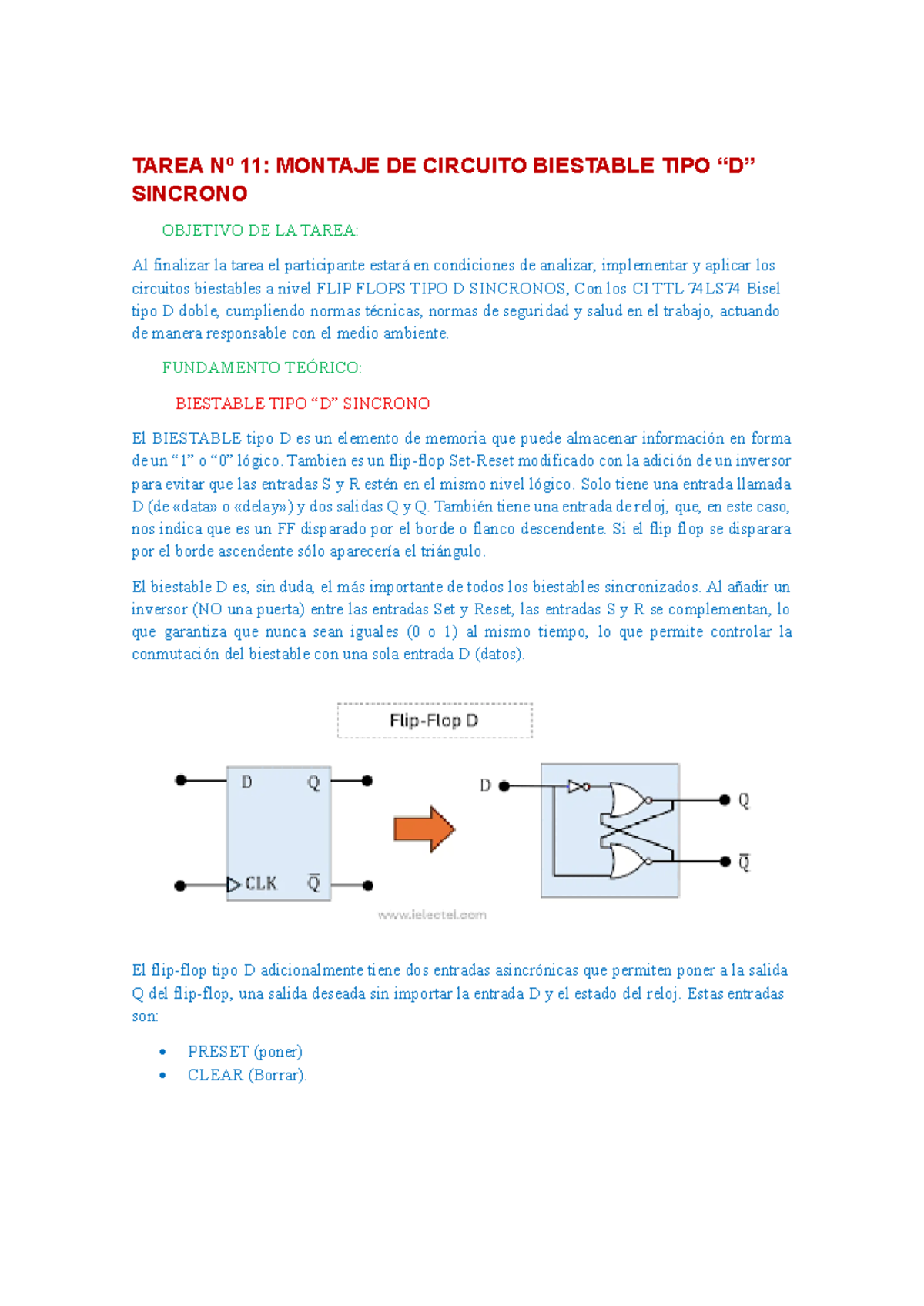TAREA Nº 11: MONTAJE DE CIRCUITO BIESTABLE TIPO D SINCRONO - Studocu