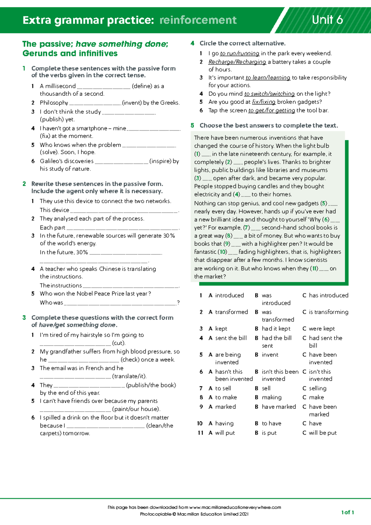 B1PLUS U6 Extra Grammar Practice: Passive Voice & Structure Exercises ...