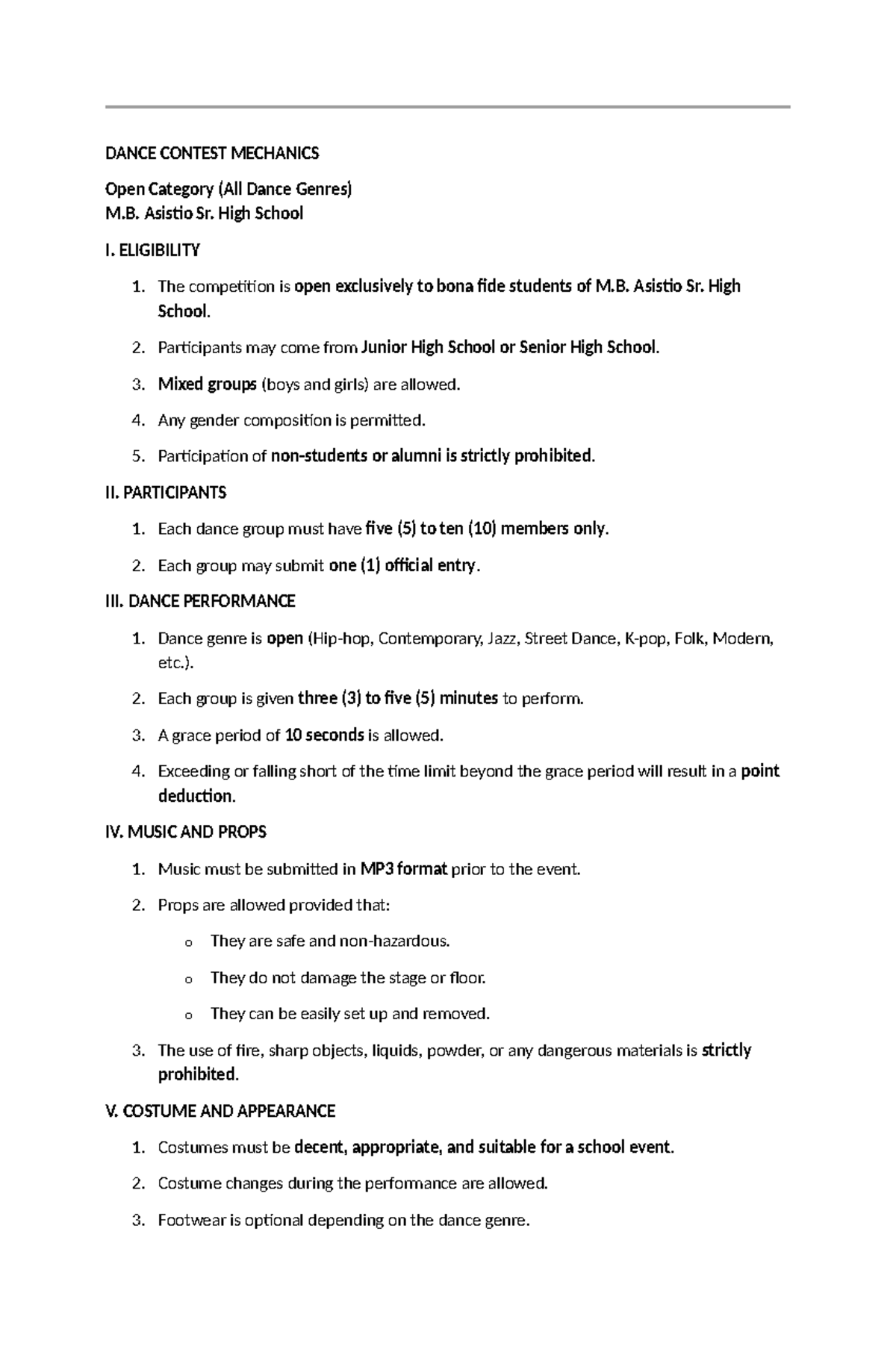 DANCE CONTEST MECHANICS: Open Category Guidelines for M.B. Asistio Sr ...