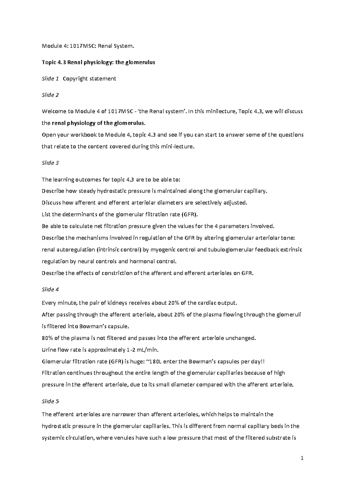 Module 4: 1017MSC Final Exam Notes on Renal Physiology: Glomerulus ...