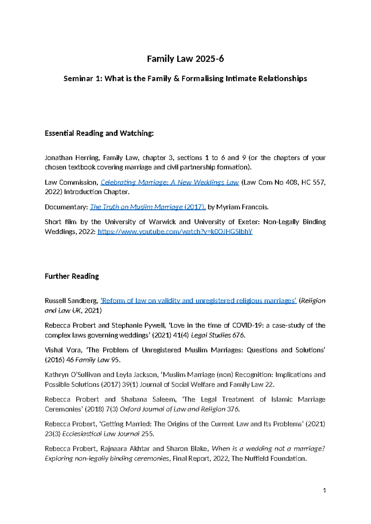 Family Law Seminar 1: Formalising Intimate Relationships Overview - Studocu