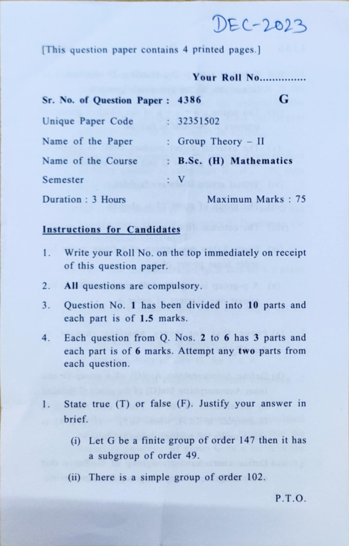 B.Sc. (H) Mathematics V Sem: Group Theory II Question Paper 4386 - Studocu