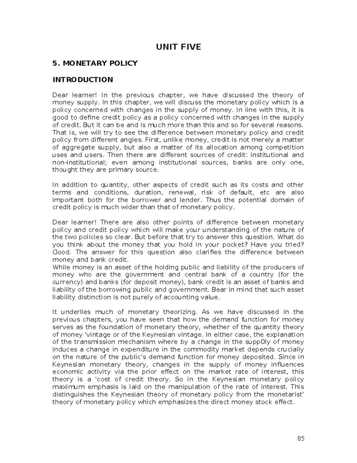 Monetary Economics Module II - UNIT FIVE 5. MONETARY POLICY ...