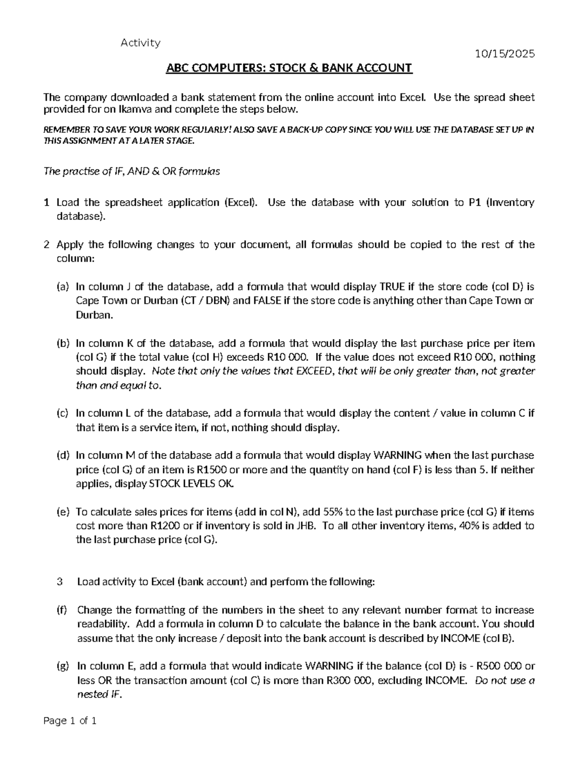 Excel Activity Instructions: ABC COMPUTERS Stock Bank Account - Studocu