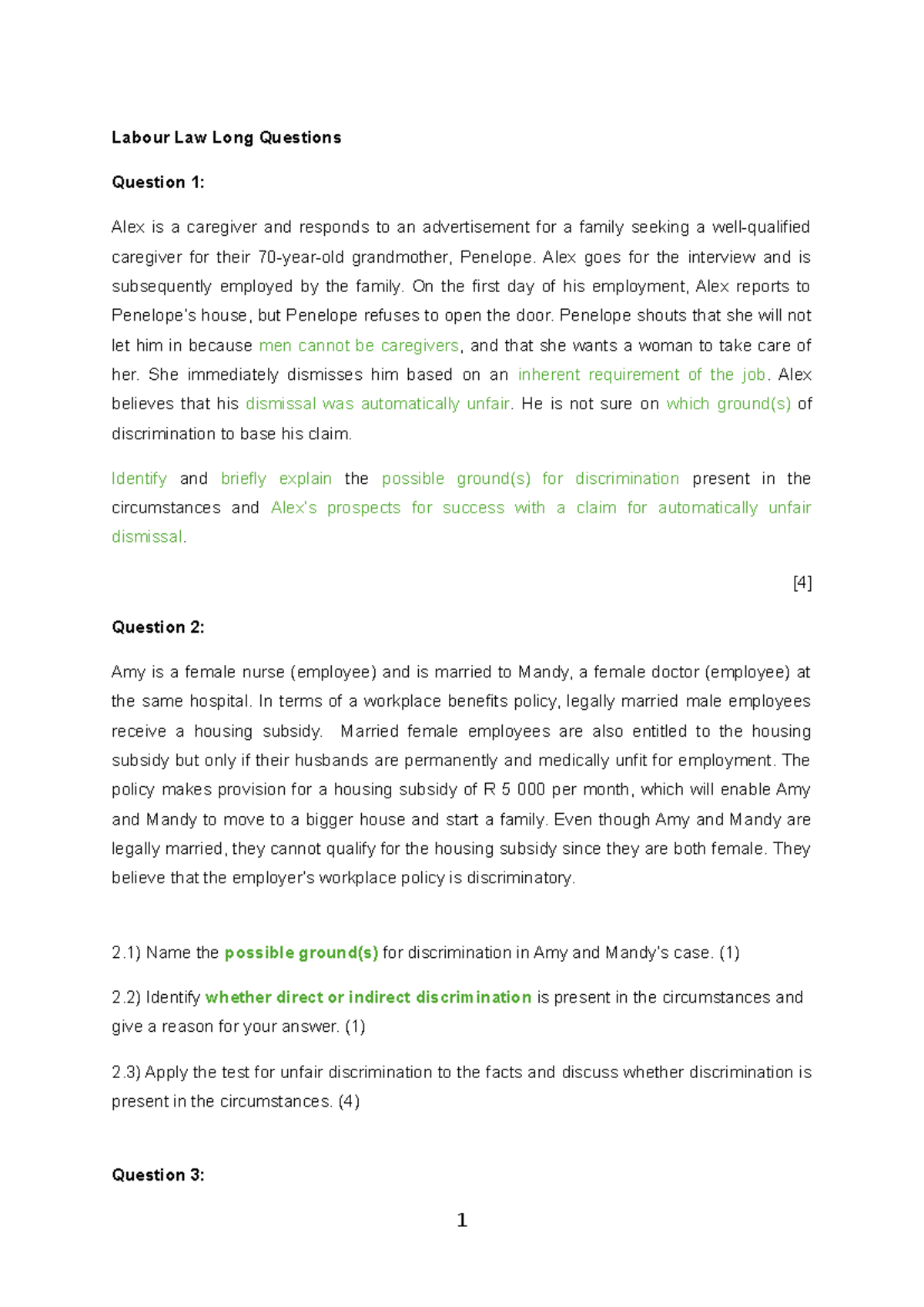 Labour Law Practice Questions: Discrimination & Unfair Dismissal - Studocu