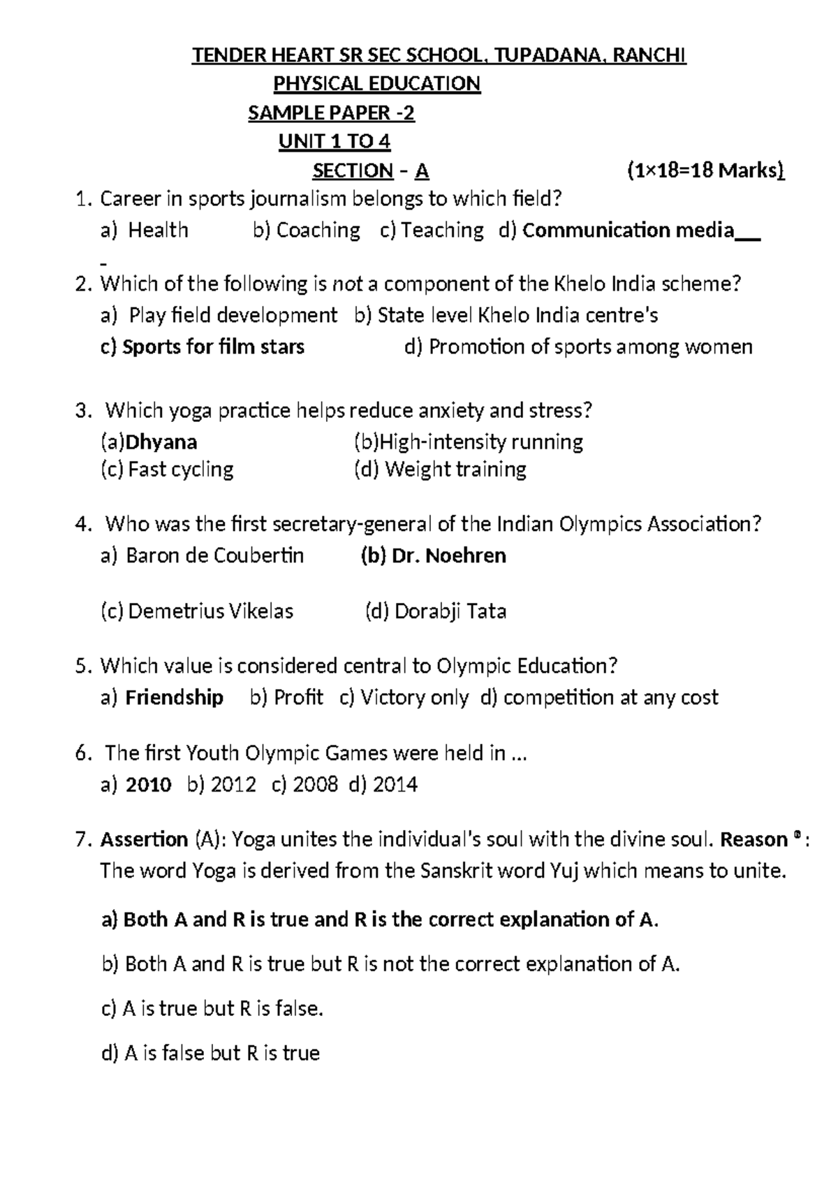 PHE Class 11 Sample Paper 2: Physical Education Units 1-4 - Studocu