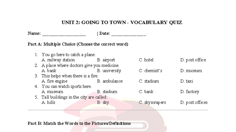 U2L1: Going to Town Vocabulary Quiz Key - Studocu