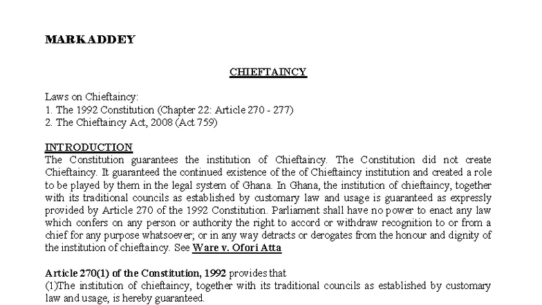 Chieftaincy Laws in Ghana: Overview of Constitution & Act 759 - Studocu