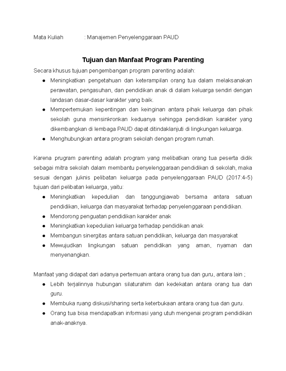 Program Parenting: Tujuan dan Manfaat dalam PAUD (Manajemen) - Studocu
