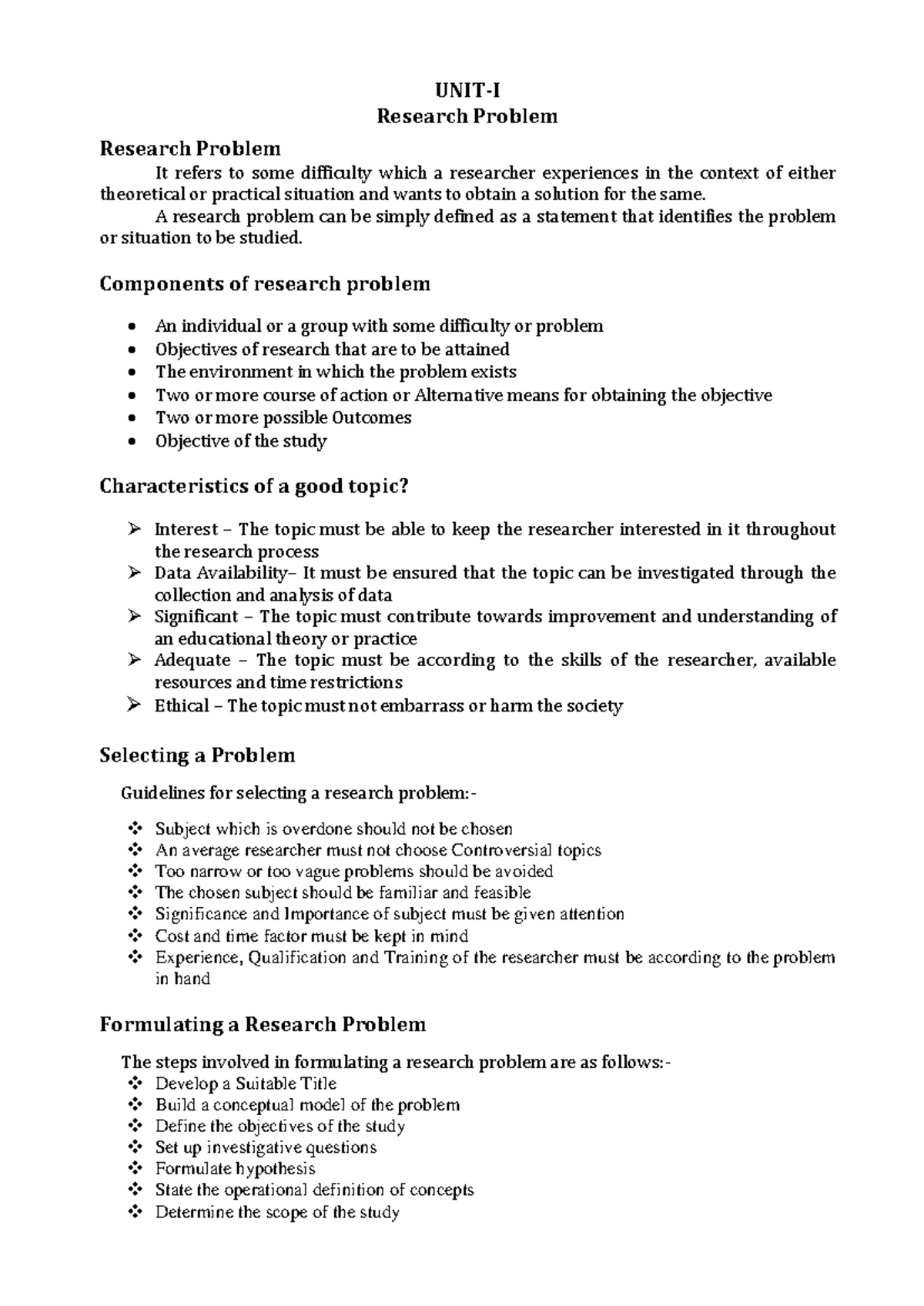 Notes on Research Problem (Unit I): Definition, Sources ...