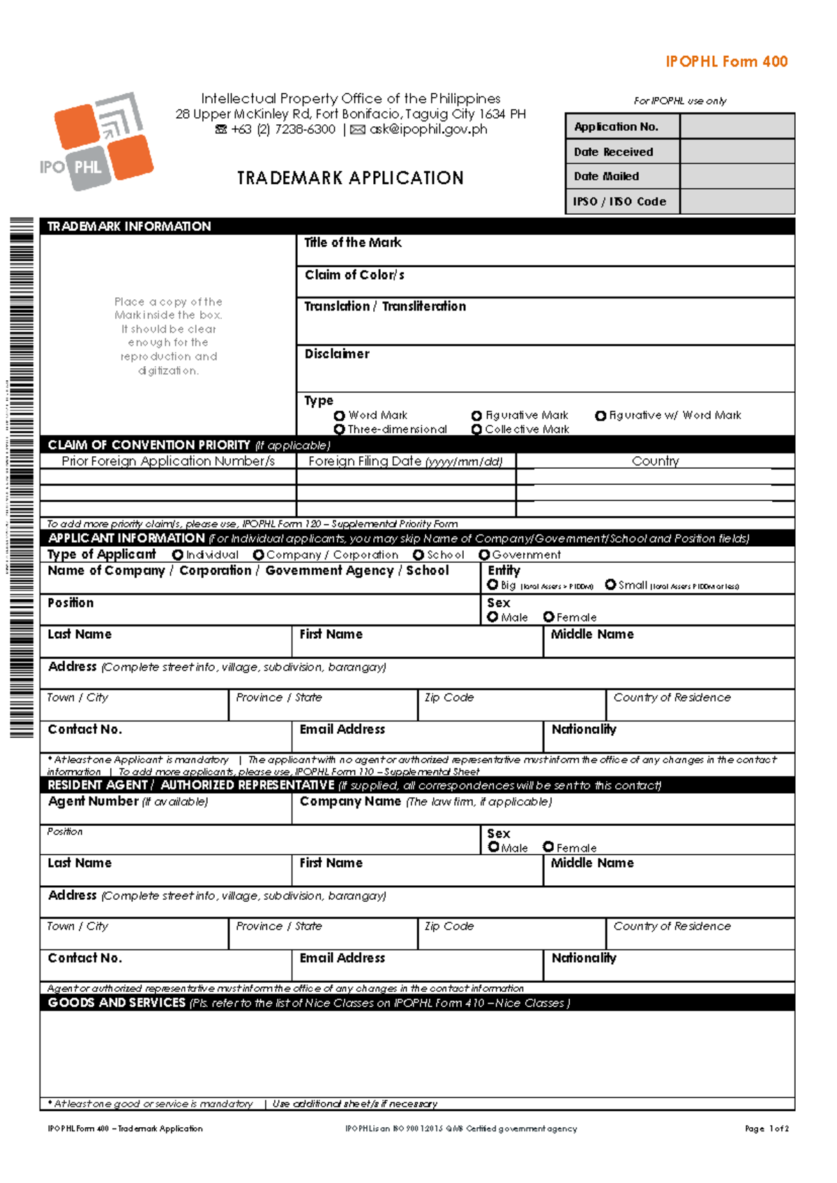IPOPHL Form 400 - Trademark Application Document Guide - Studocu