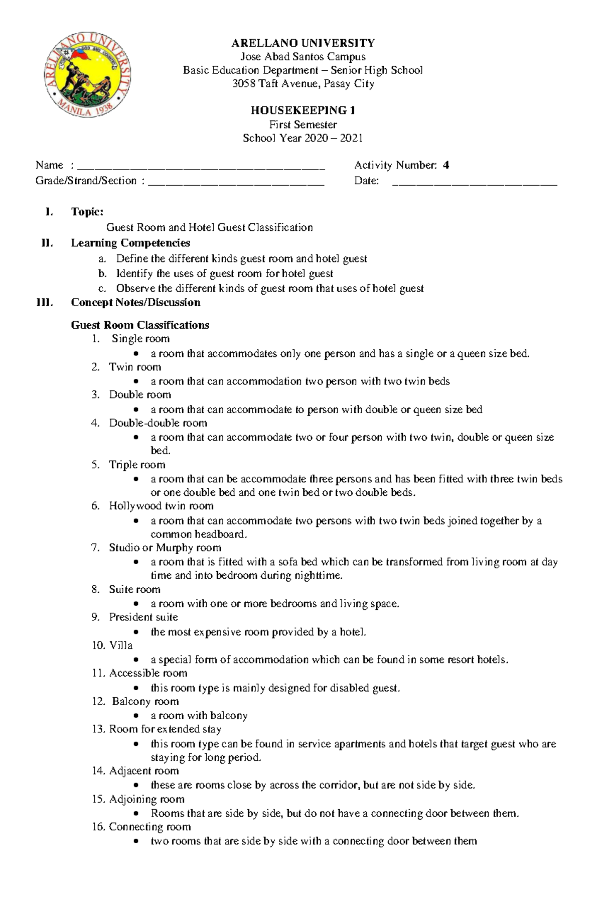 DLP-2-Guest-Room-and-Hotel-Guest-Classification-Notes - Studocu