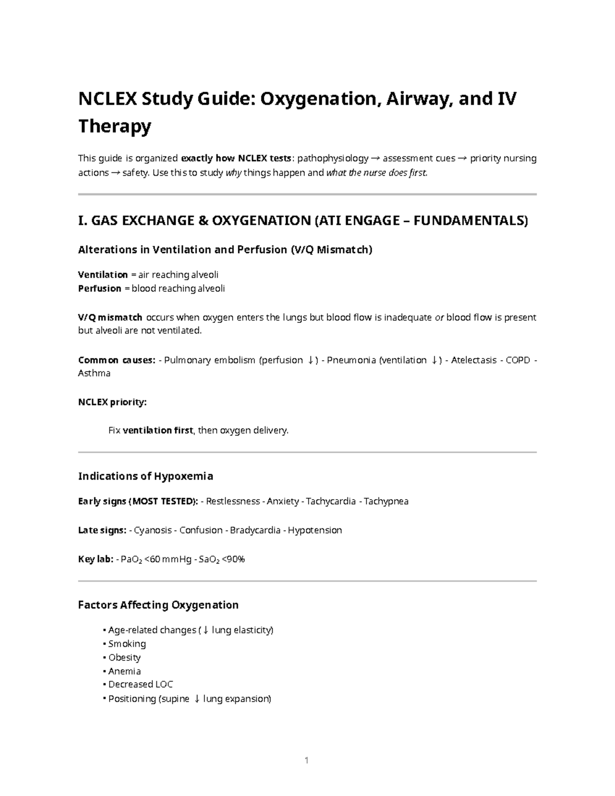 Nclex Study Guide Oxygenation Airway Management Iv Therapy Studocu