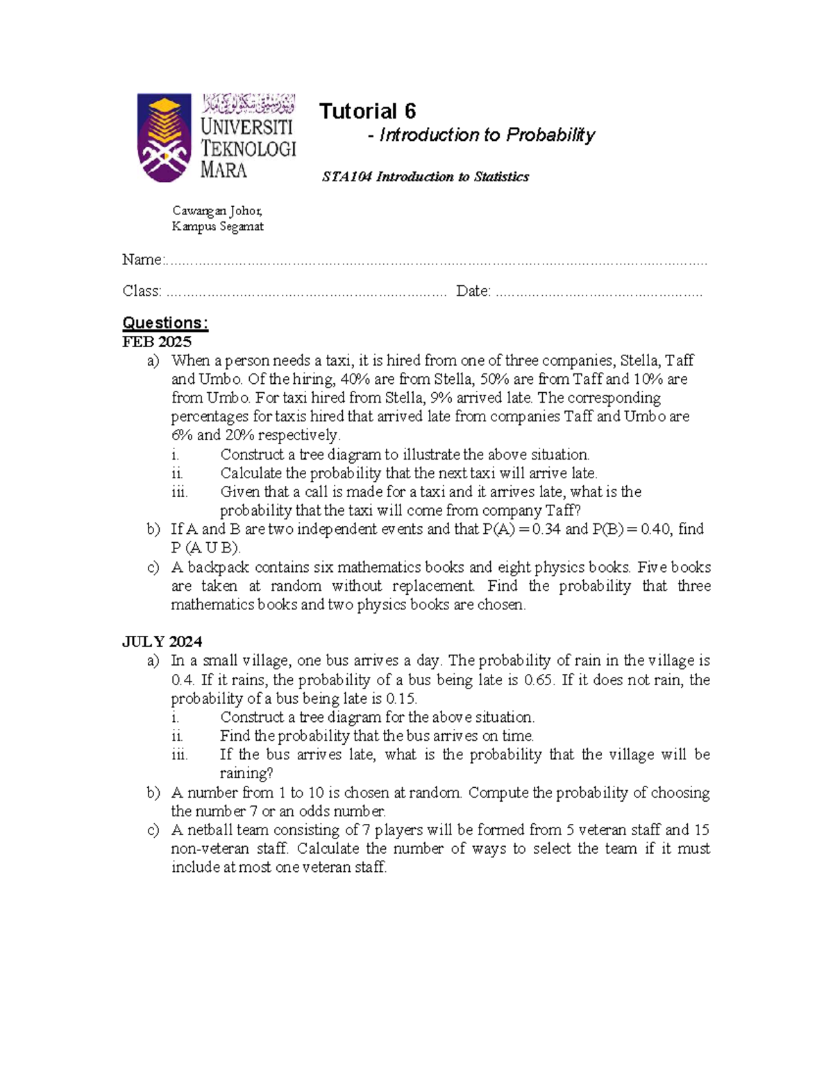 Tutorial 6: Introduction to Probability STA104 - Statistics Exercises ...