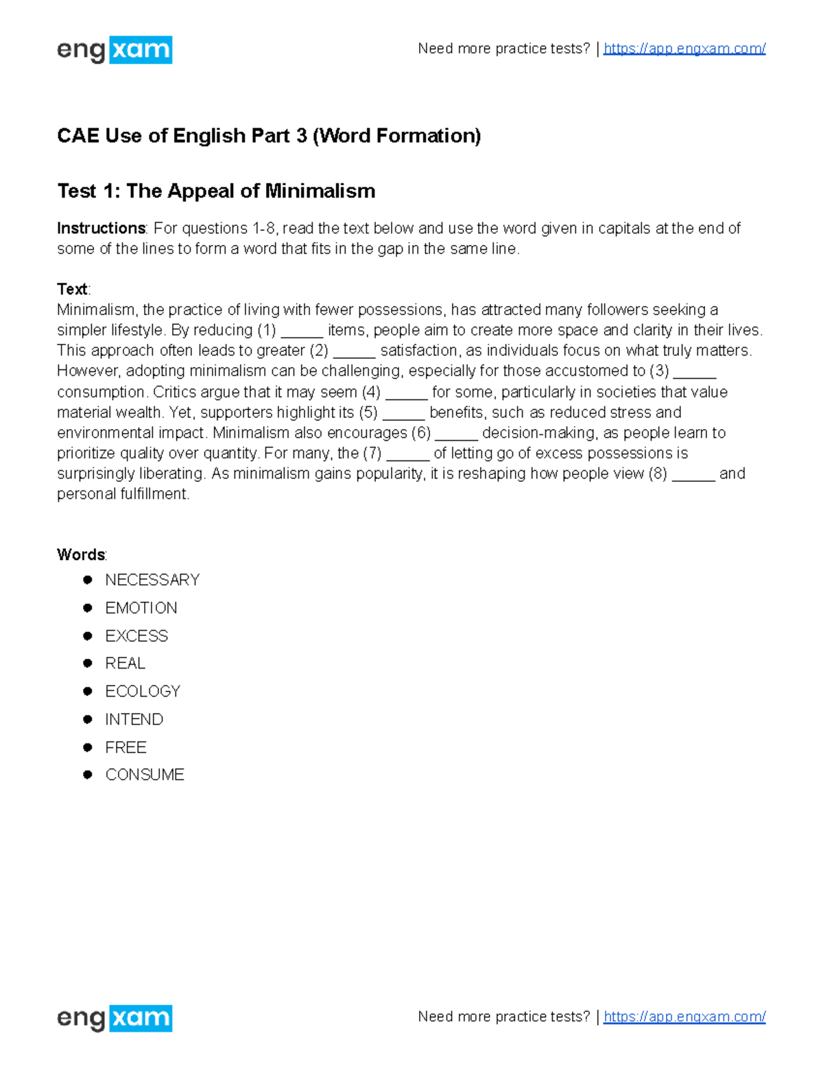CAE Use of English Part 3: Word Formation Practice Test PDF - Studocu
