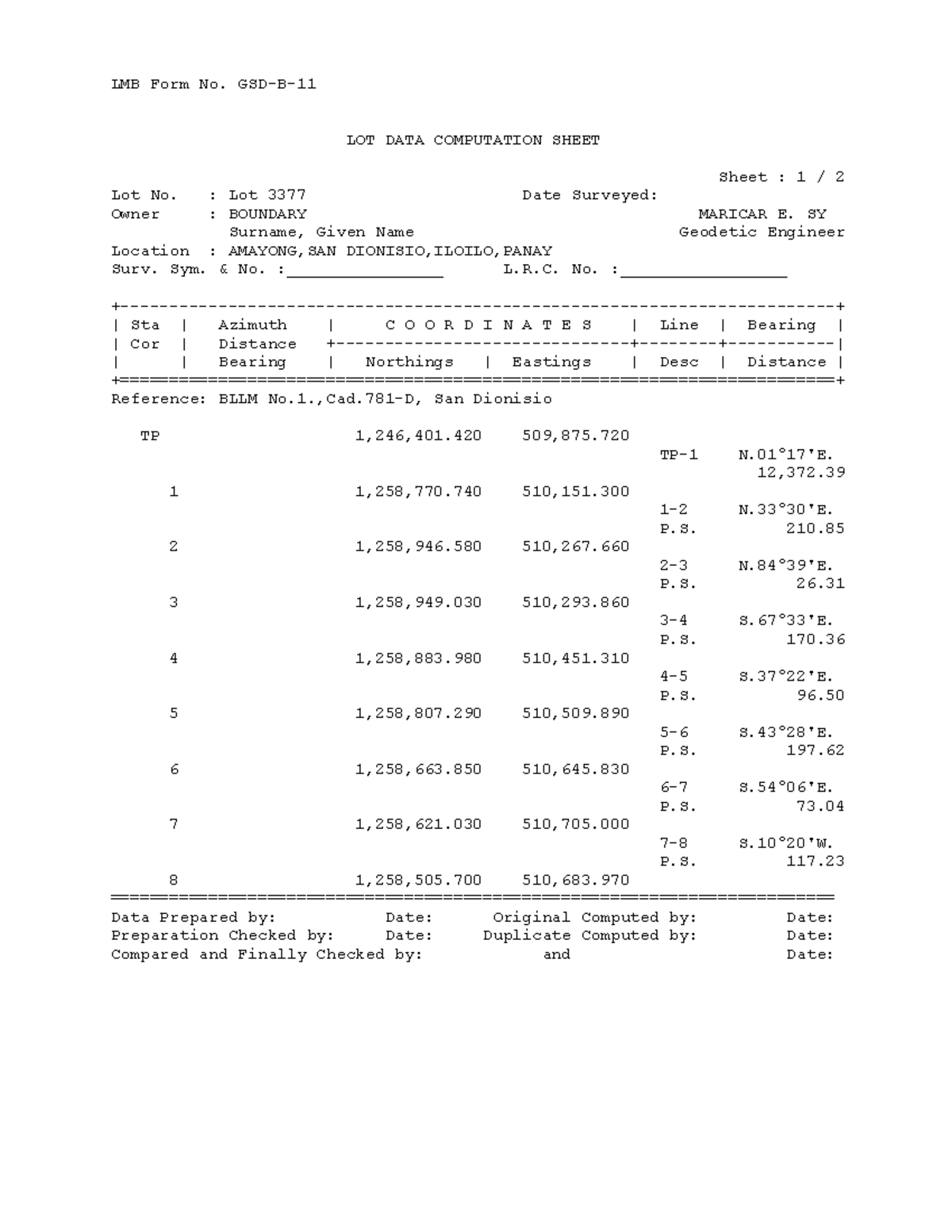 LMB Form No. 3377 Lot Data Computation Sheet - Amayong, Iloilo - Studocu