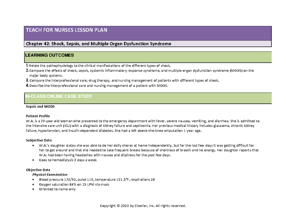 Nursing Lesson Plan: Shock-Sepsis-MODS Case Study and Qs - Studocu