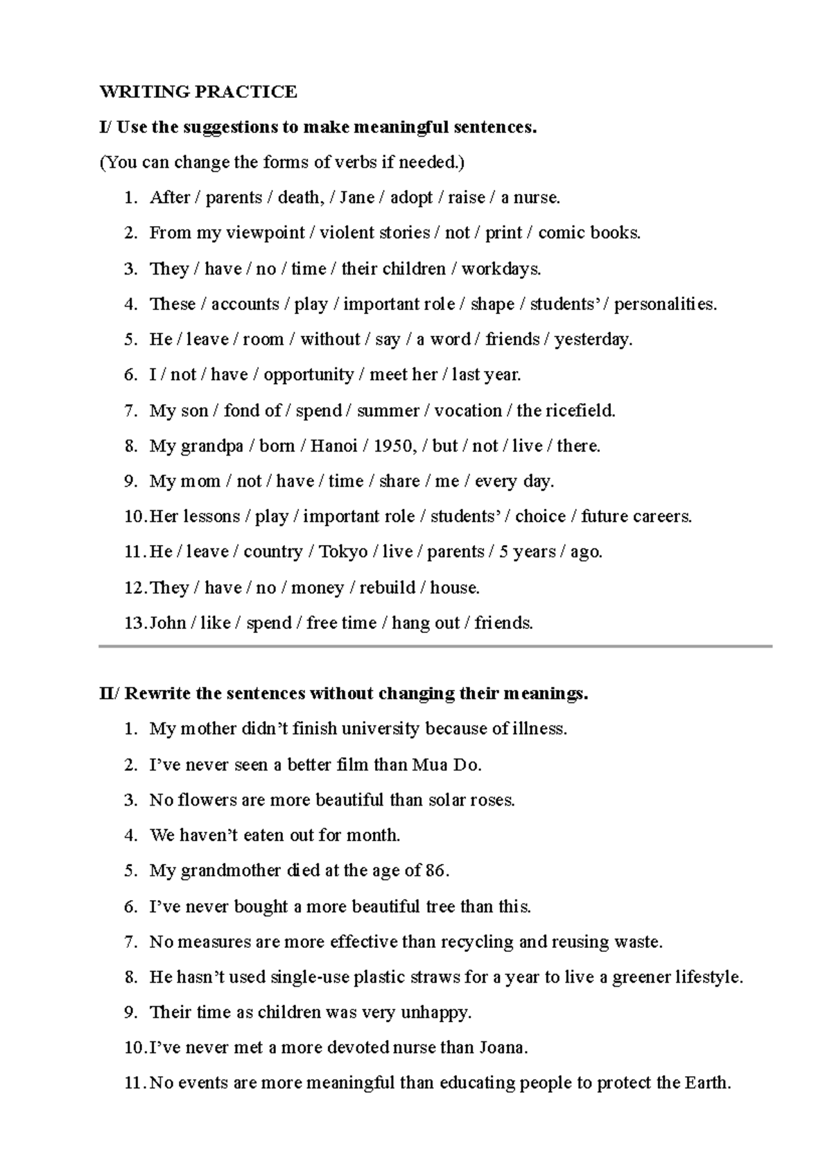 Writing Practice: Sentence Construction and Rewriting Exercises - Studocu