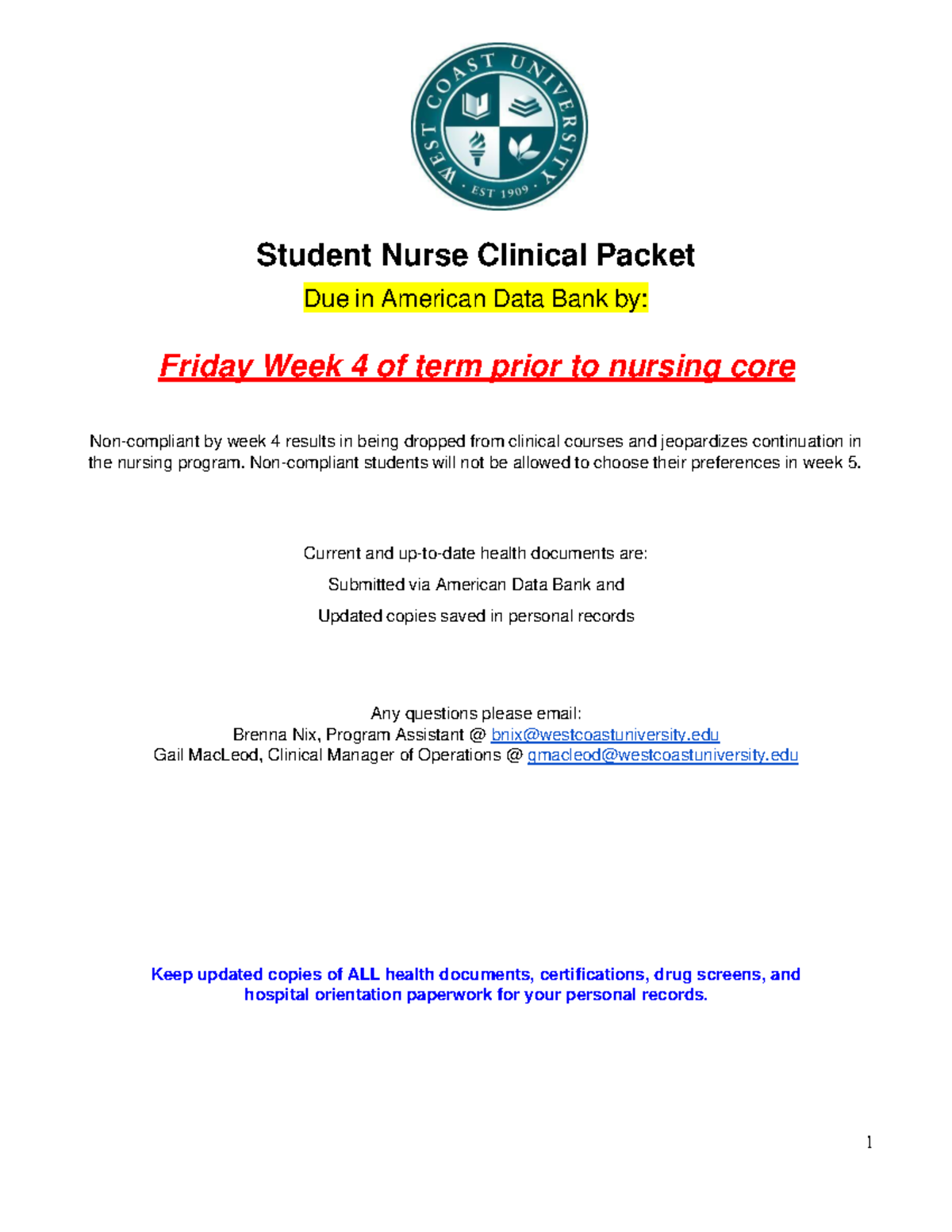 Student Nurse Clinical Packet 7 - Requirements & Compliance Guidelines ...