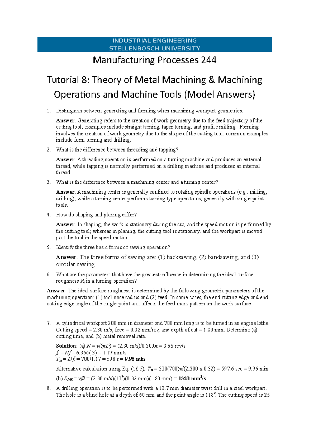 Model Answers for Tutorial 8: Metal Machining & Operations (MP244 ...