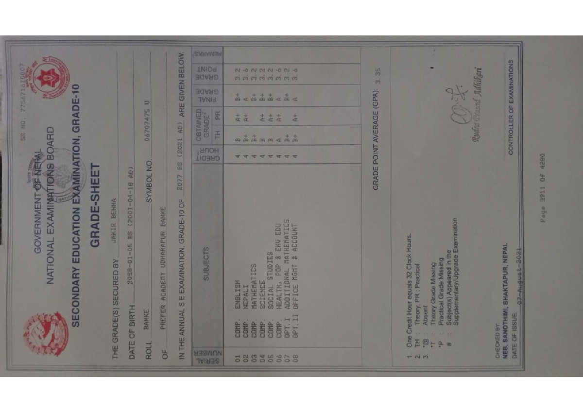 10th Grade Marksheet - SR NO: MART, NEB Examination 2077 BS - Studocu
