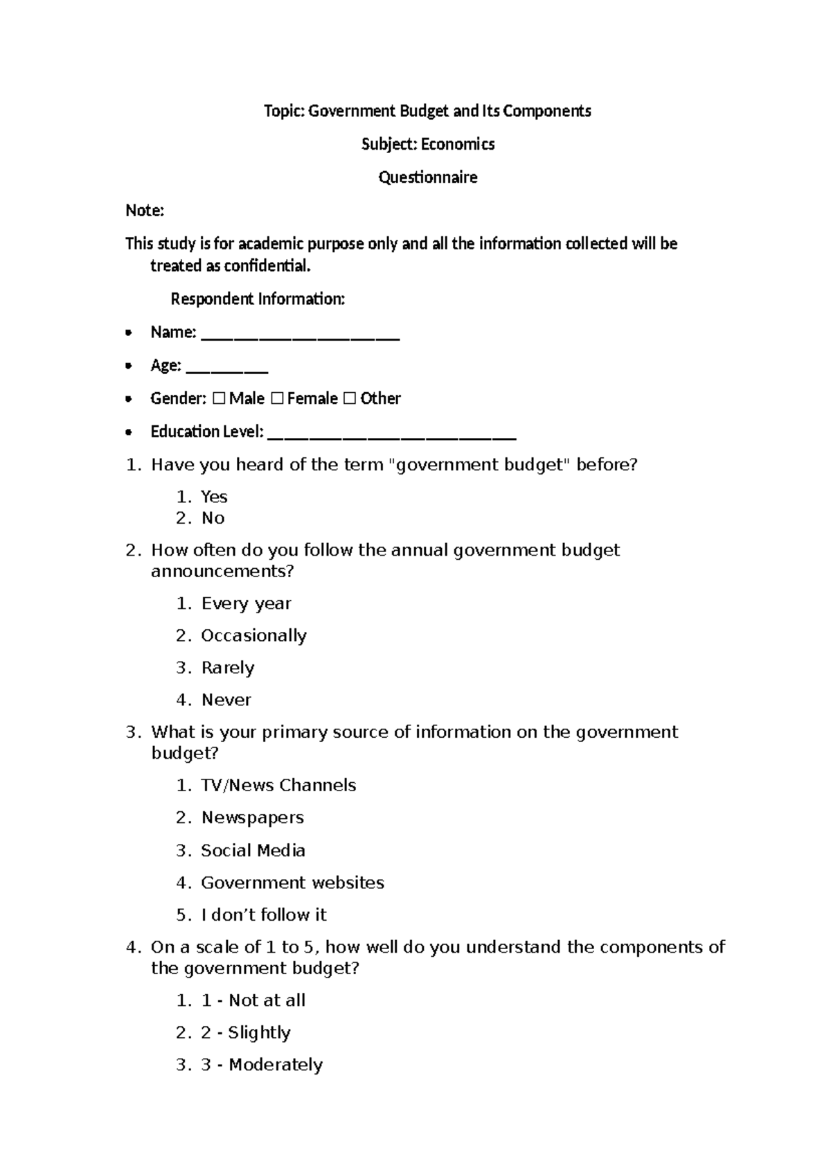 Economics Questionnaire on Government Budget Components - Studocu
