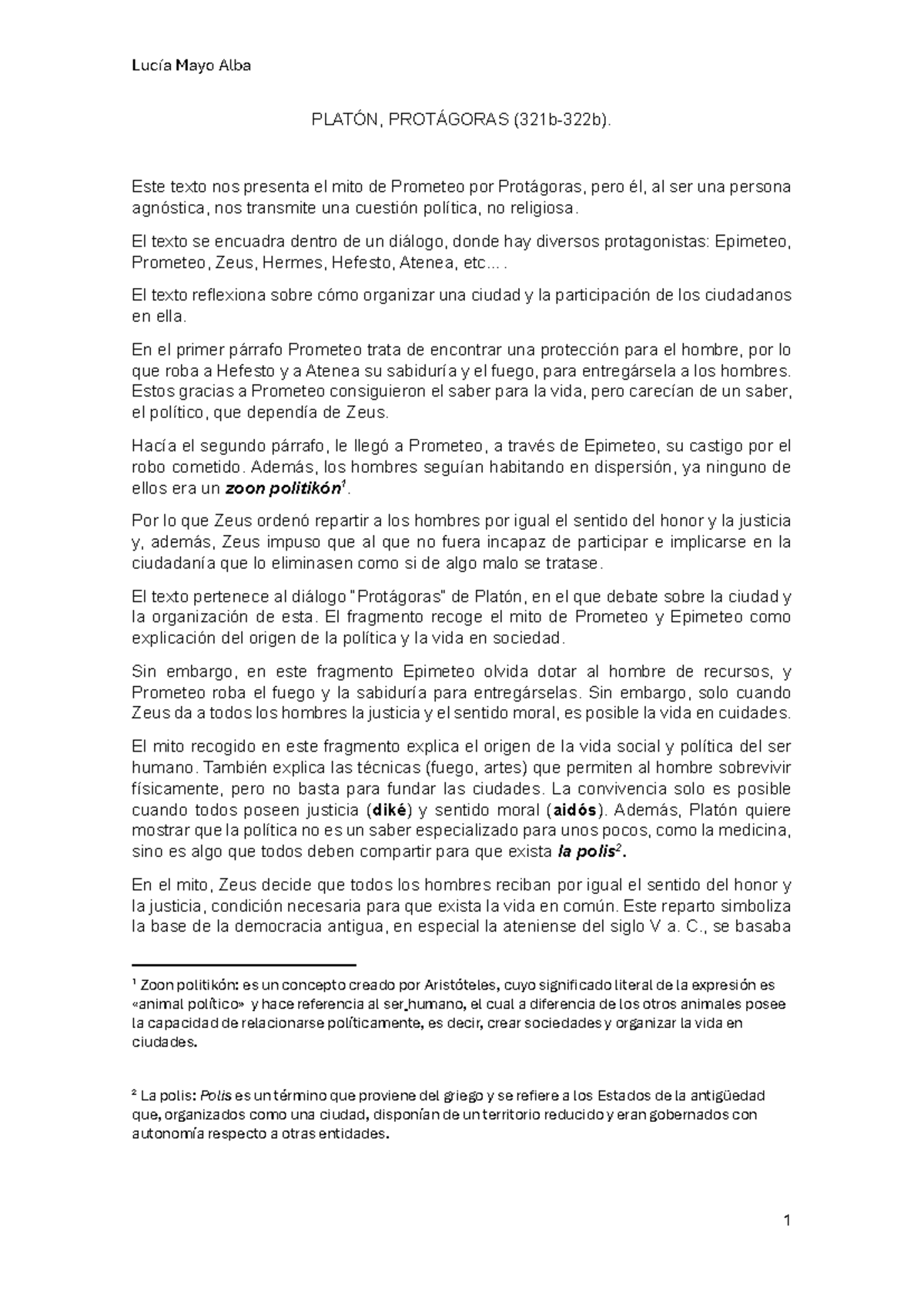 Comentario de Texto: Platón, Protágoras y el Mito de Prometeo - Studocu