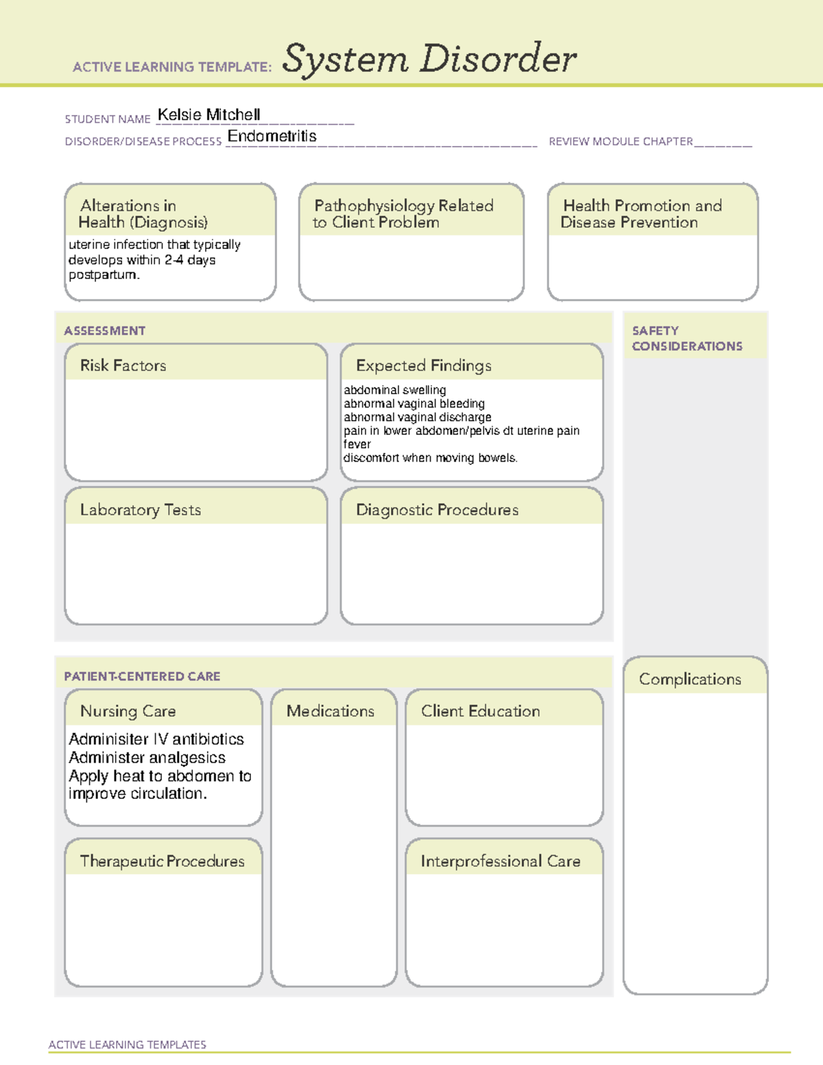 Endometritis - ati template - ACTIVE LEARNING TEMPLATES System Disorder ...