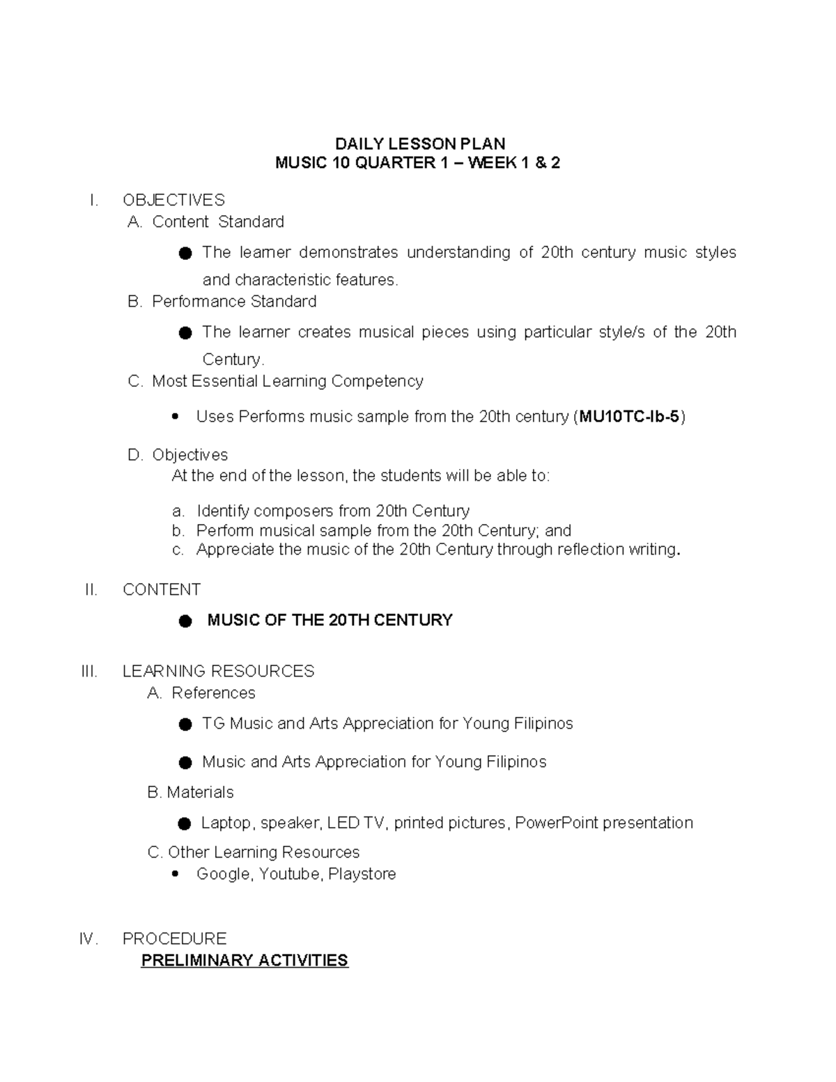 Music 10 G10 - Daily Lesson Plan for Week 1 on 20th Century Music - Studocu
