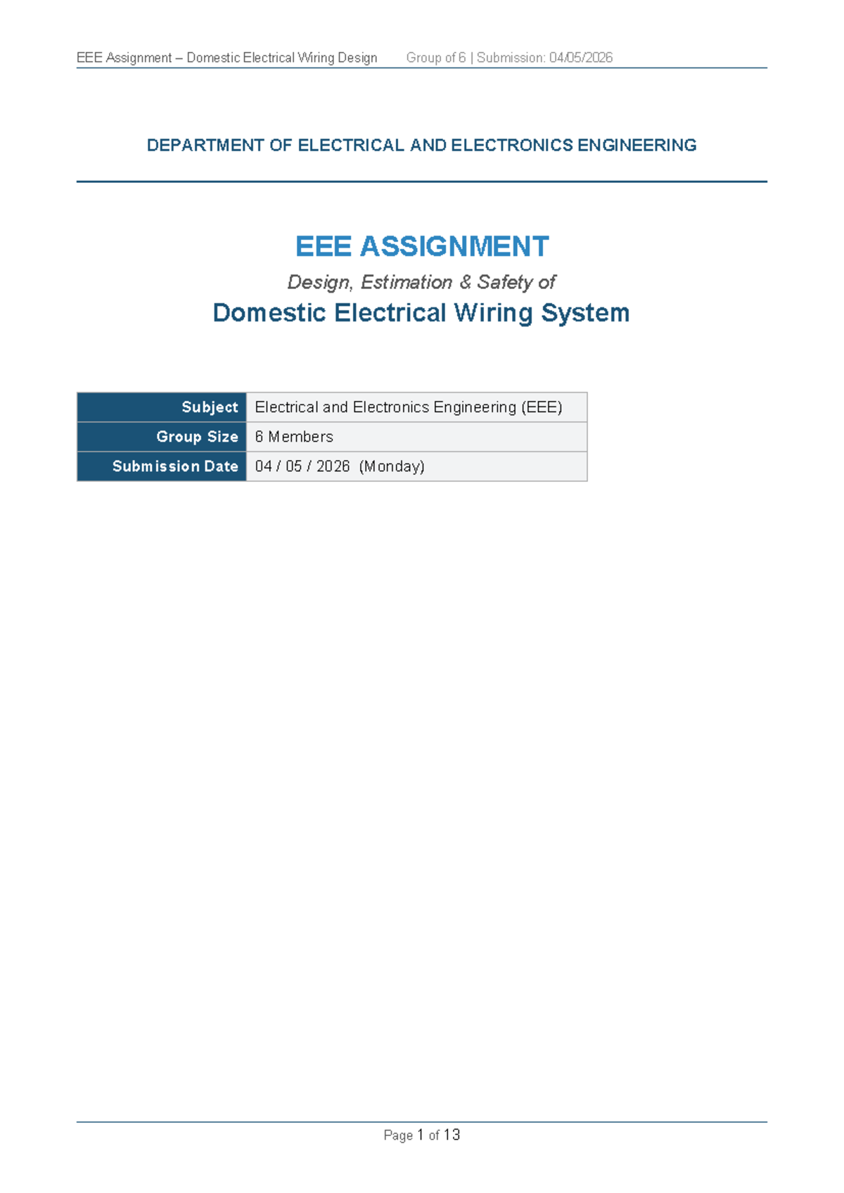 EEE Assignment: Domestic Electrical Wiring Design & Safety Analysis ...