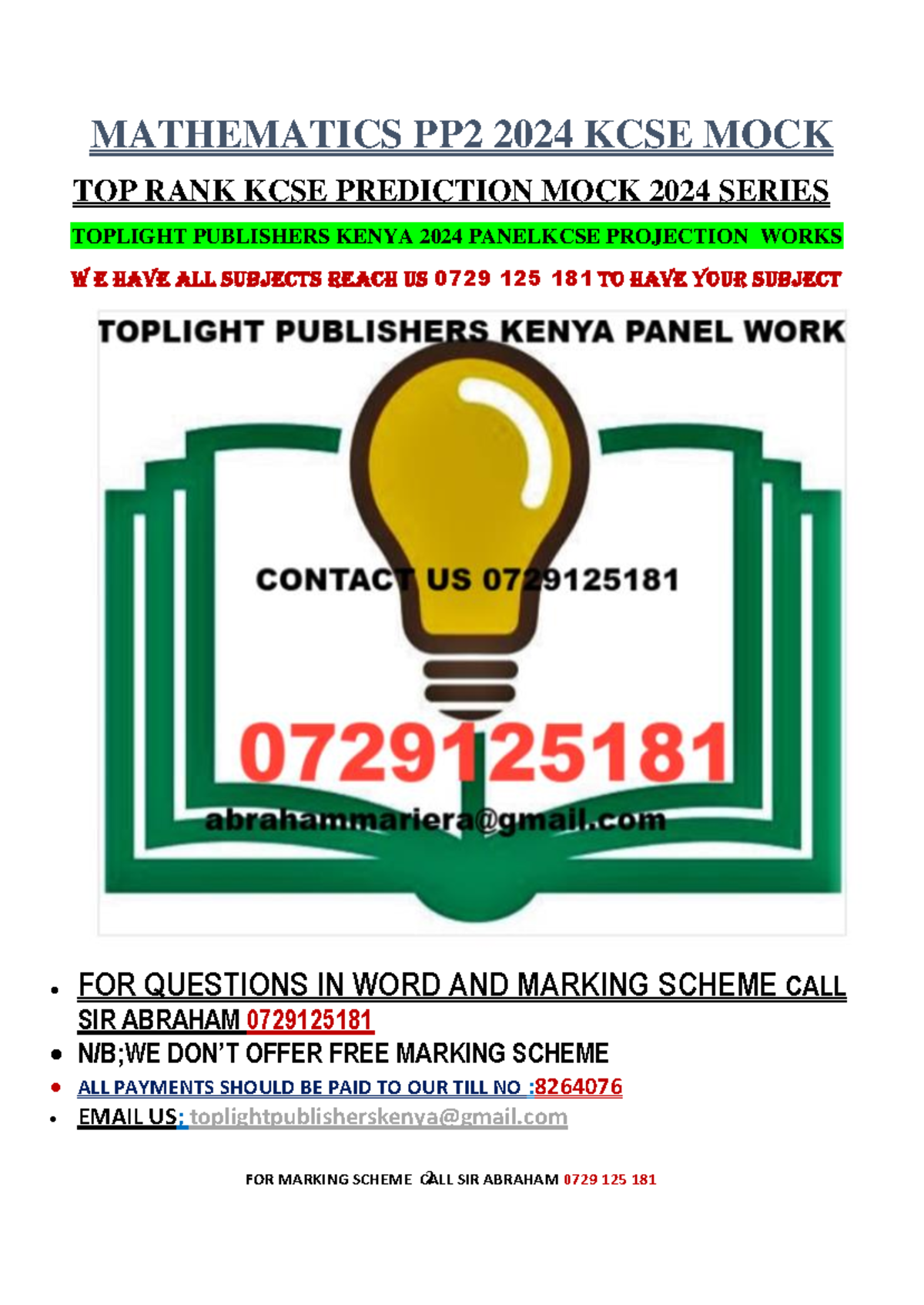 Mathematics PP2 2024 KCSE Top Rank Mock Exam Paper - Studocu