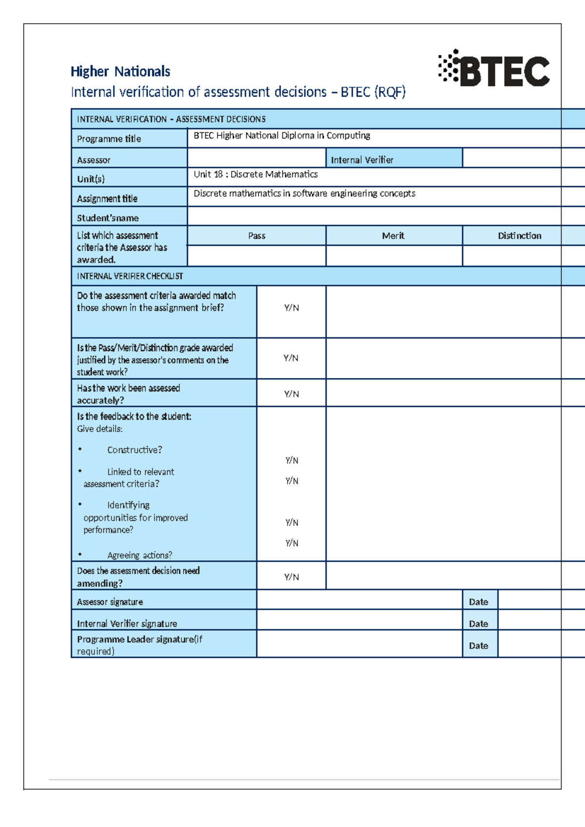 BTEC HND Computing: Unit 18 Discrete Mathematics Assignment Feedback ...