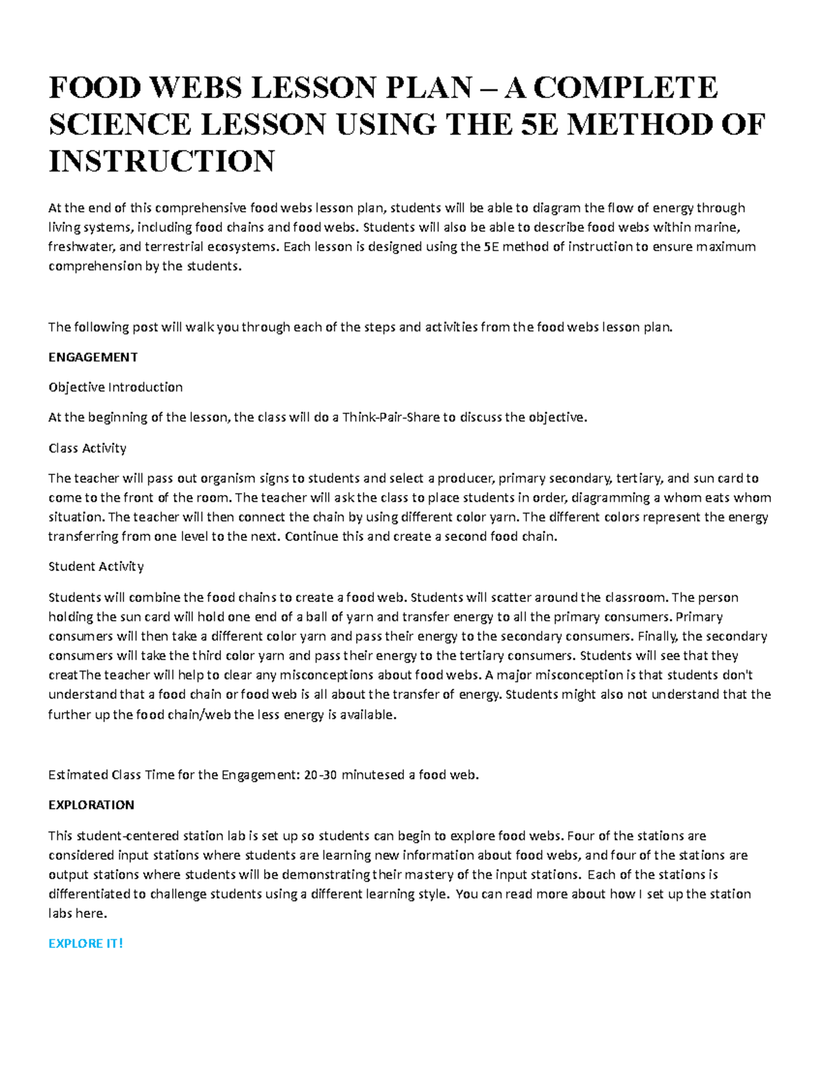 FOOD WEBS - Comprehensive Lesson Plan Using the 5E Model - Studocu