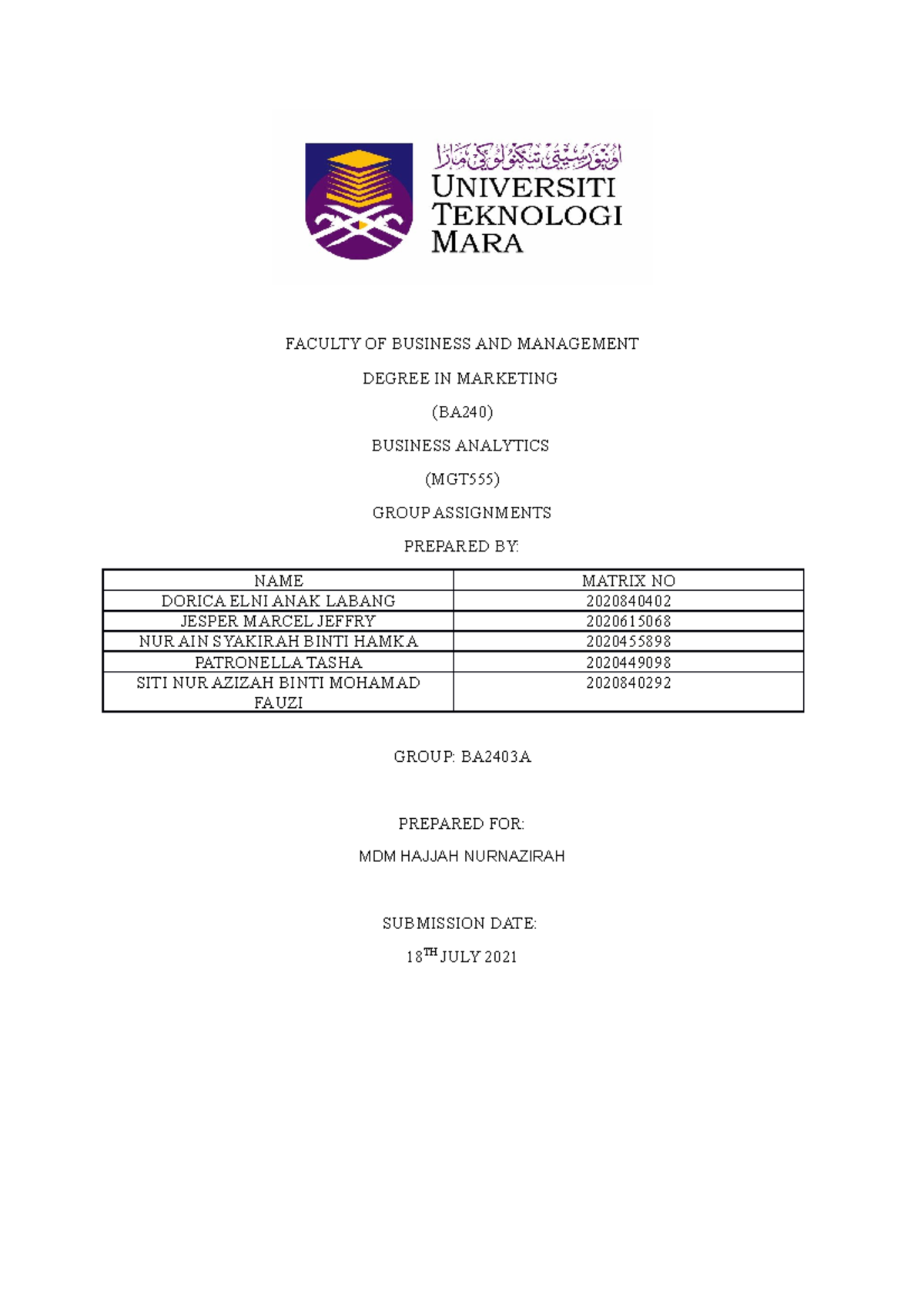 MGT555 Group Assignment - FACULTY OF BUSINESS AND MANAGEMENT DEGREE IN ...
