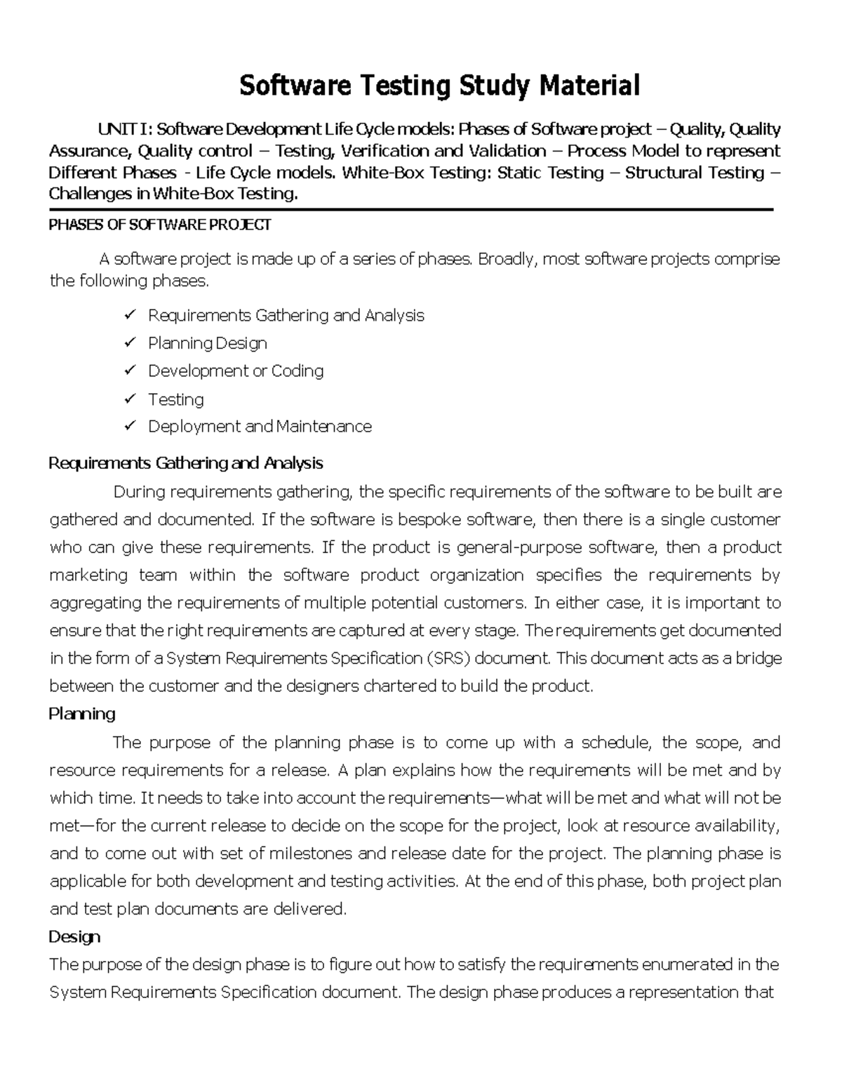 Software Testing Notes - UNIT I: Software Development Life Cycle Models ...
