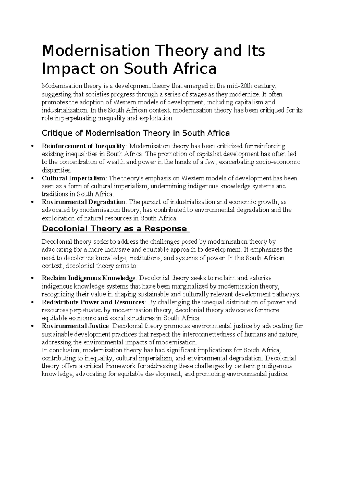 Modernisation Theory's Critique and Decolonial Responses in SA - Studocu