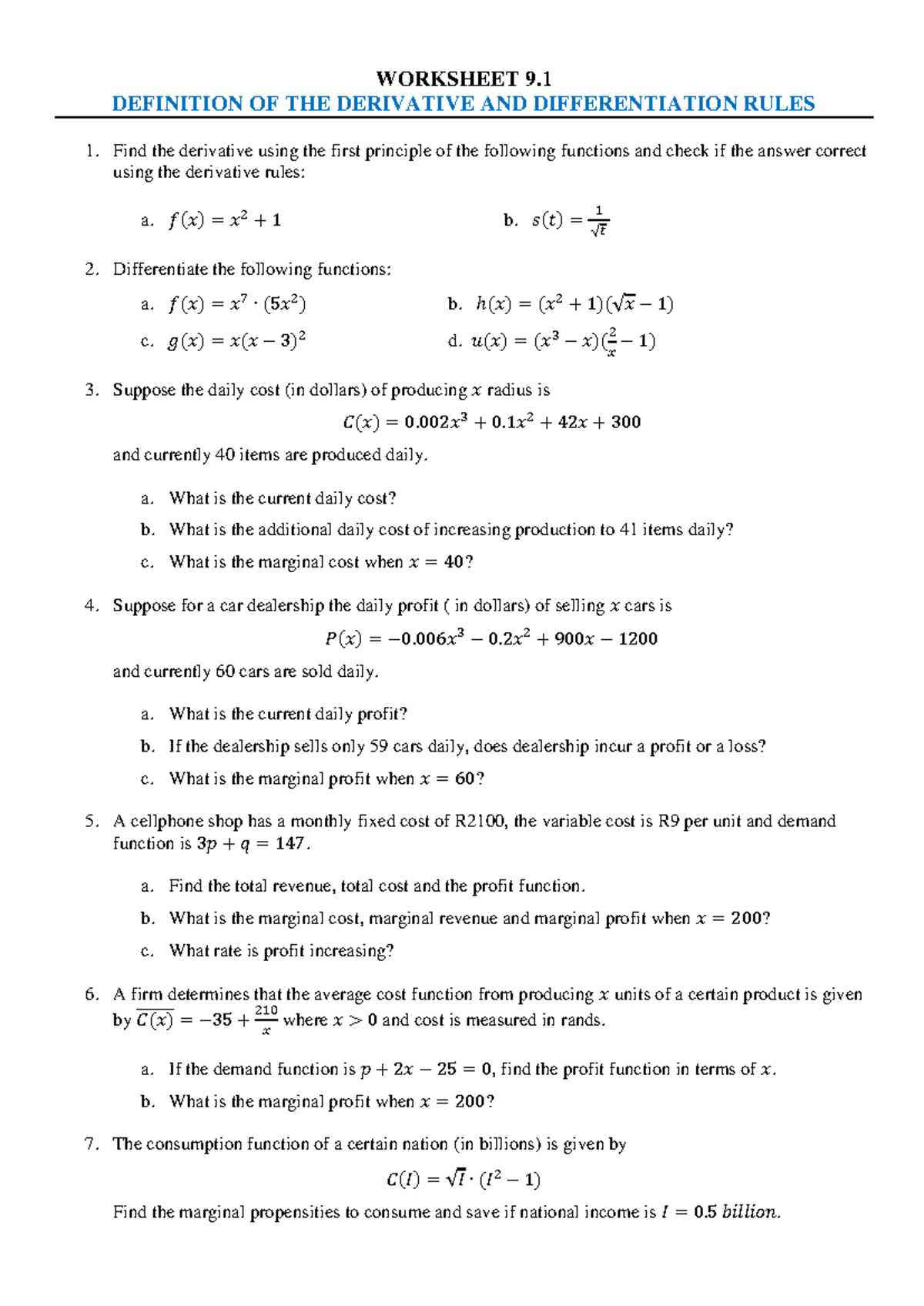 WORKSHEET 9.1 - DERIVATIVE DEFINITION & DIFFERENTIATION RULES - Studocu