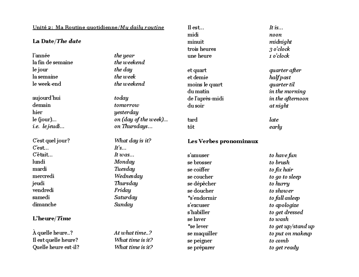 Unité 2: French Vocabulary & Daily Routine Notes - Studocu