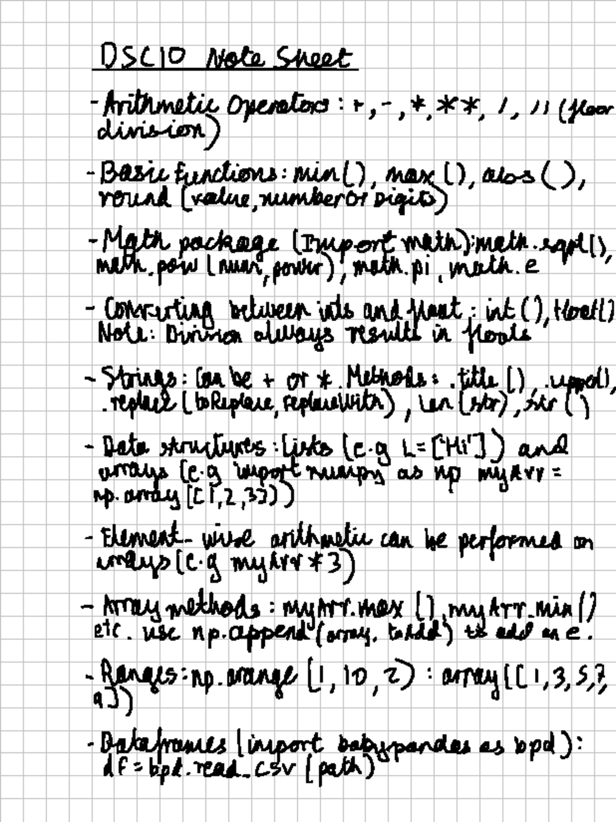 DSC 10 Note Sheet: Arithmetic Operators & Data Structures - Studocu