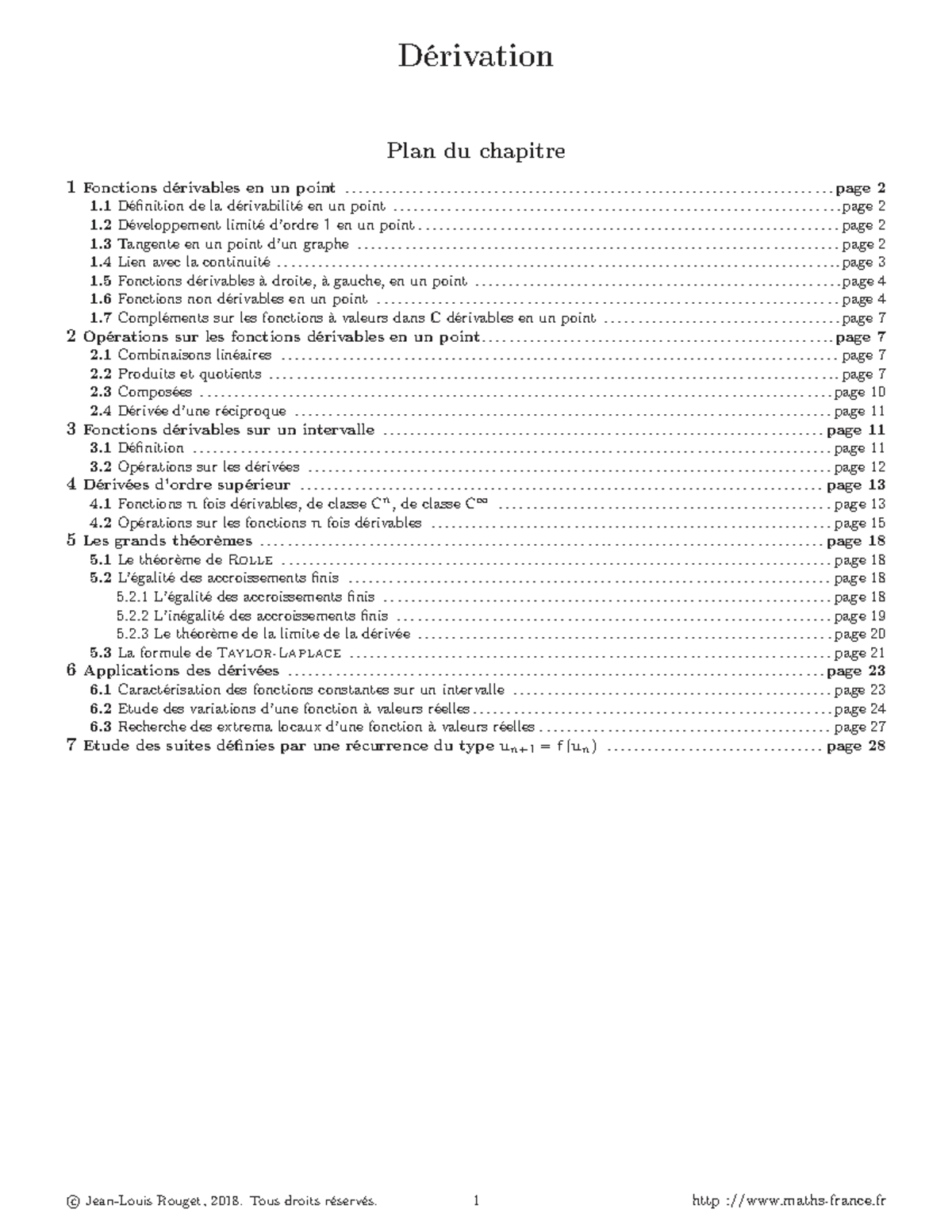 Dérivation : Plan du Chapitre 1 - Fonctions Dérivables en un Point (16 ...