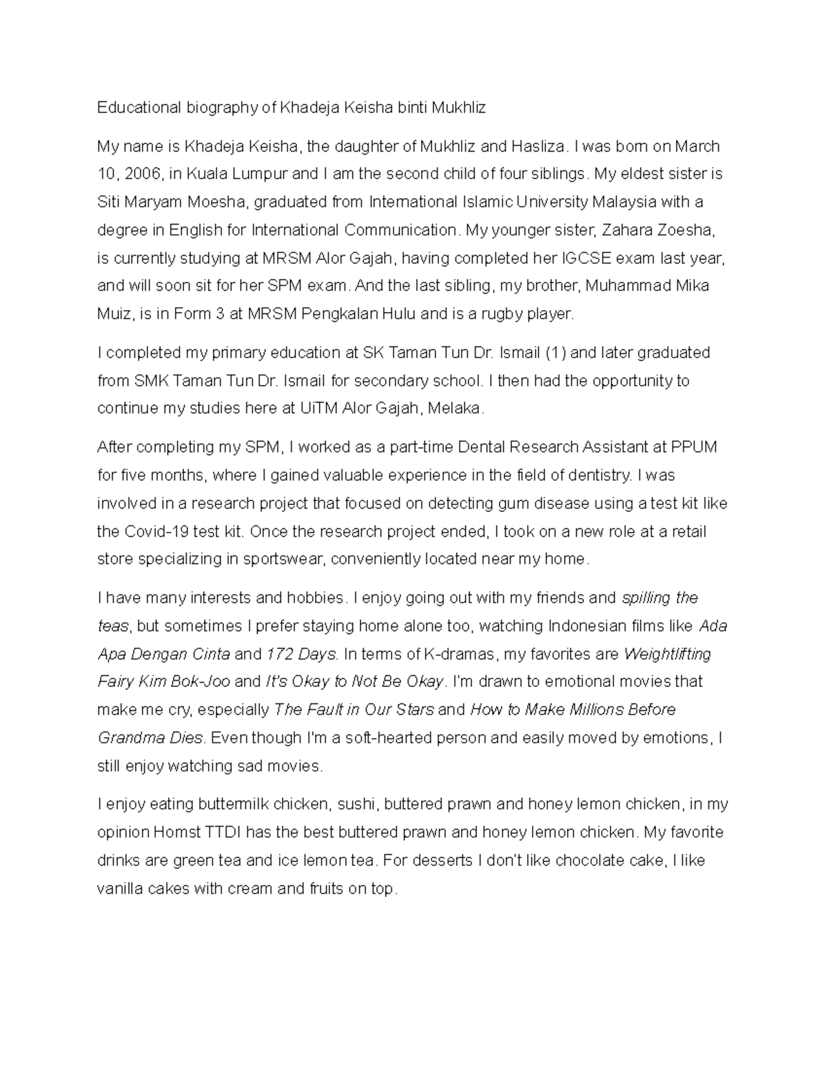 Biography of Khadeja Keisha - LCC003 Personal Overview - Studocu