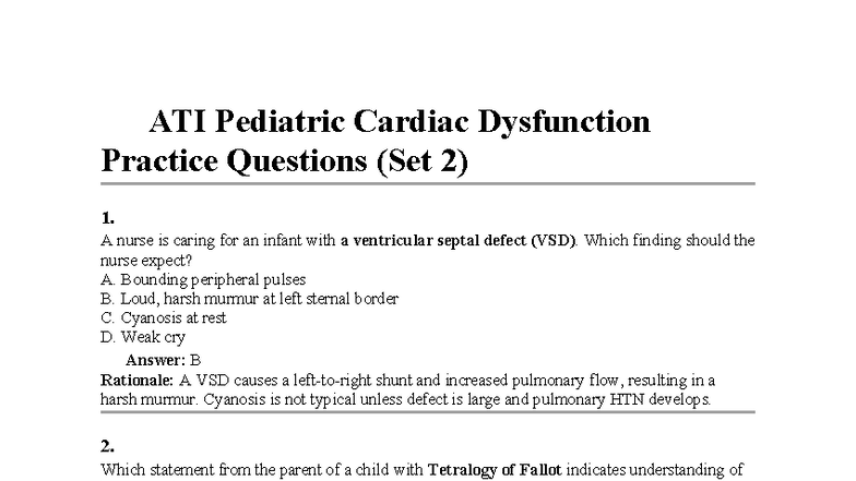ATI Pediatric Cardiac Dysfunction Practice Questions (Set 2) - Studocu