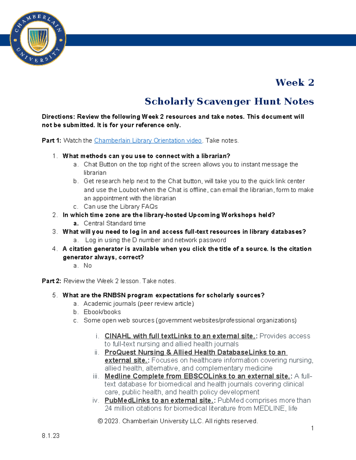 Week 2 NR351 Scholarly Scavenger Hunt Reference Notes - Studocu