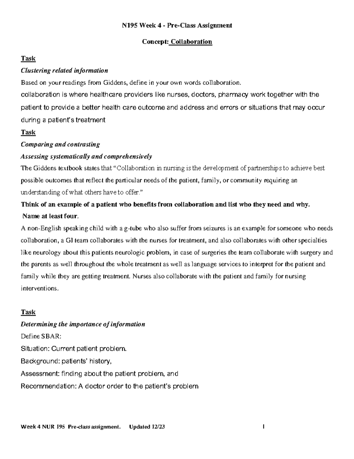 NUR 195 Week 4 Pre-Class Assignment: Collaboration and SBAR Overview ...