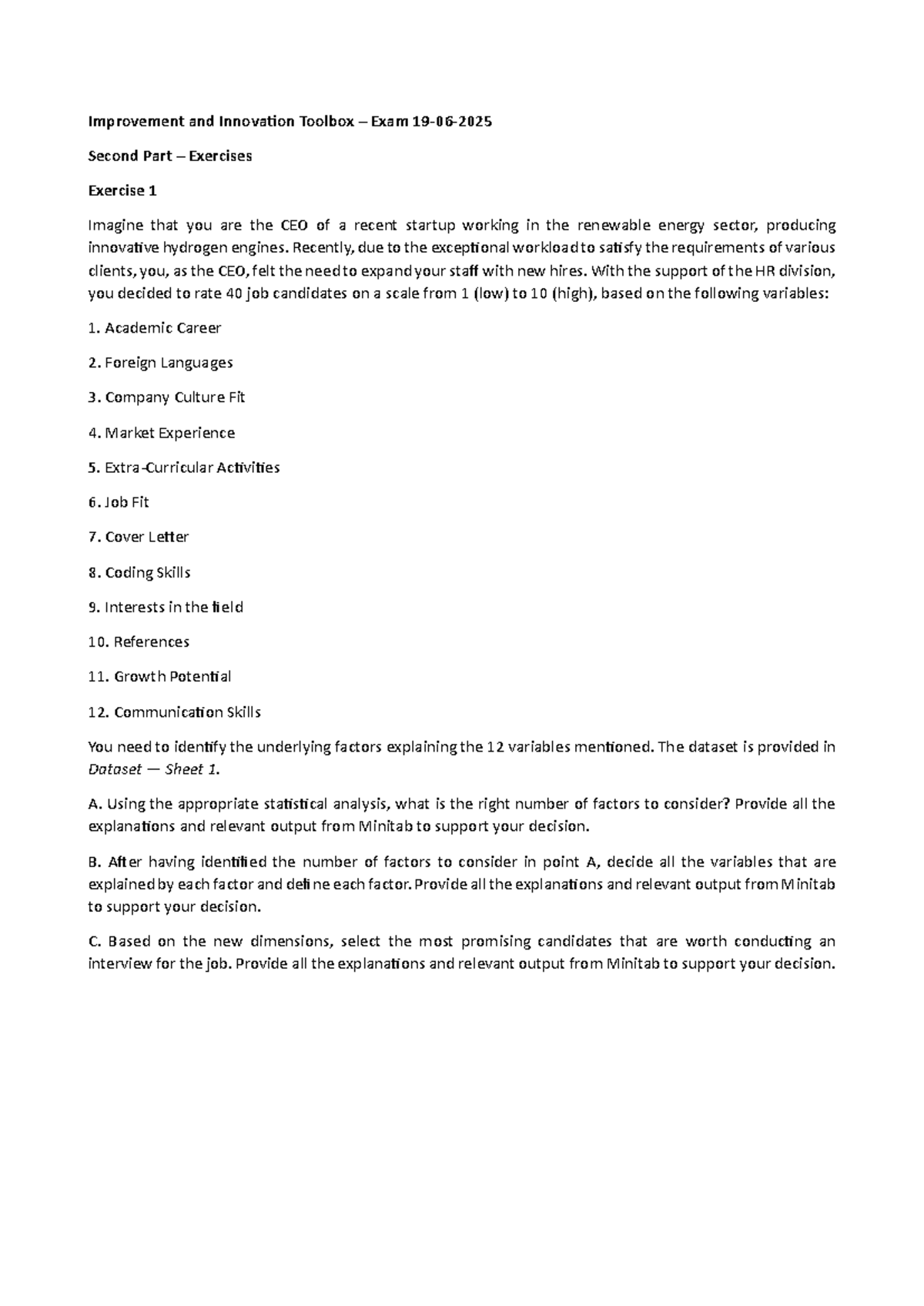 Improvement and Innovation Toolbox Exam: Factor Analysis Exercises (19/06/2025) - Studocu