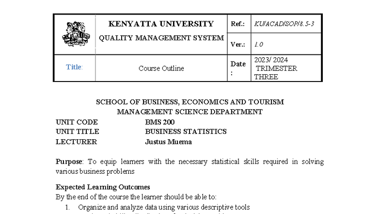 BMS 200 Business Statistics Course Outline - Trimester 3 - Studocu