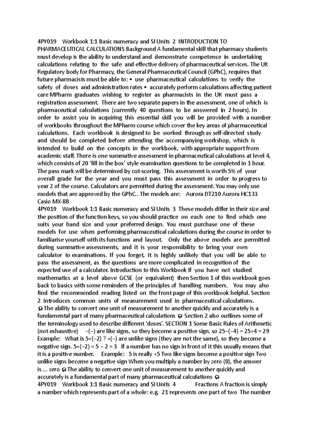 Pharmacy notes 3 - 4PY019 Workbook 1:1 Basic numeracy and SI Units 2 ...