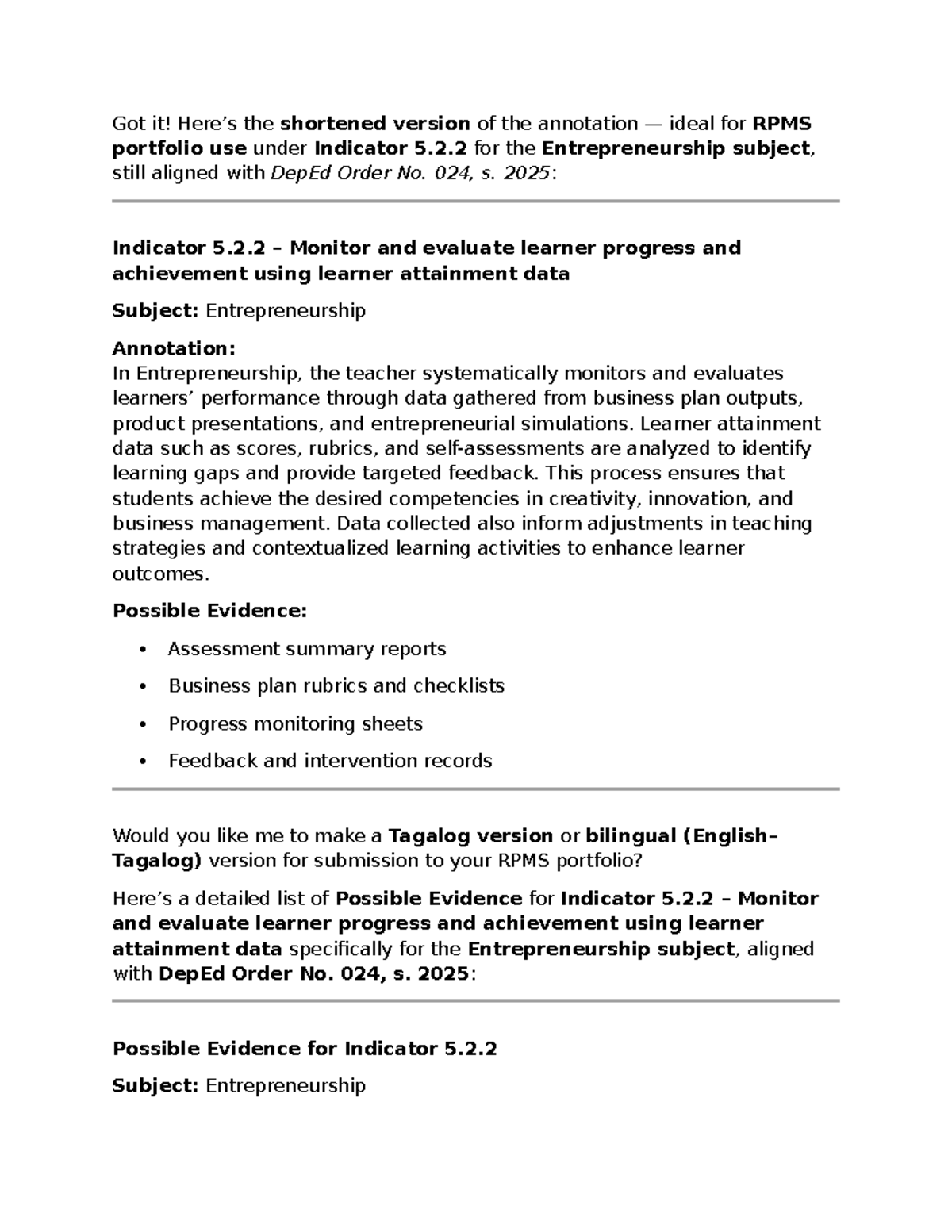 RPMS Portfolio Evidence for Indicator 5.2.2: Entrepreneurship ...